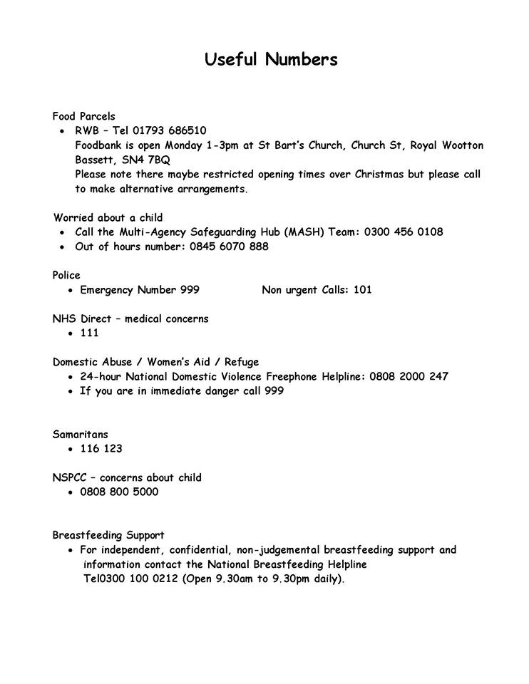 Useful numbers - The Rise Trust - Chippenham and North Wiltshire